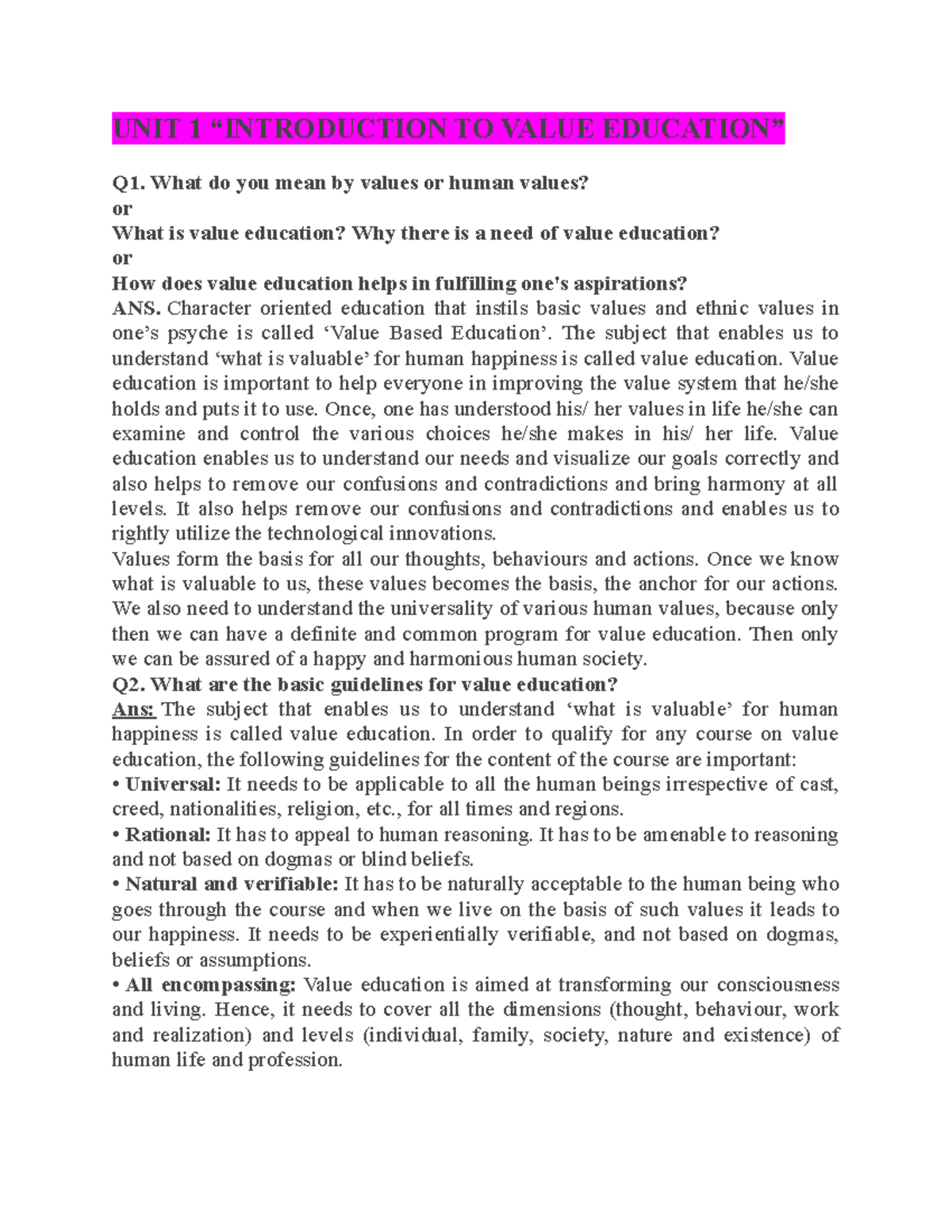 UNIT 1 UHV Notes - Introduction to Value Education (UHV) - Studocu