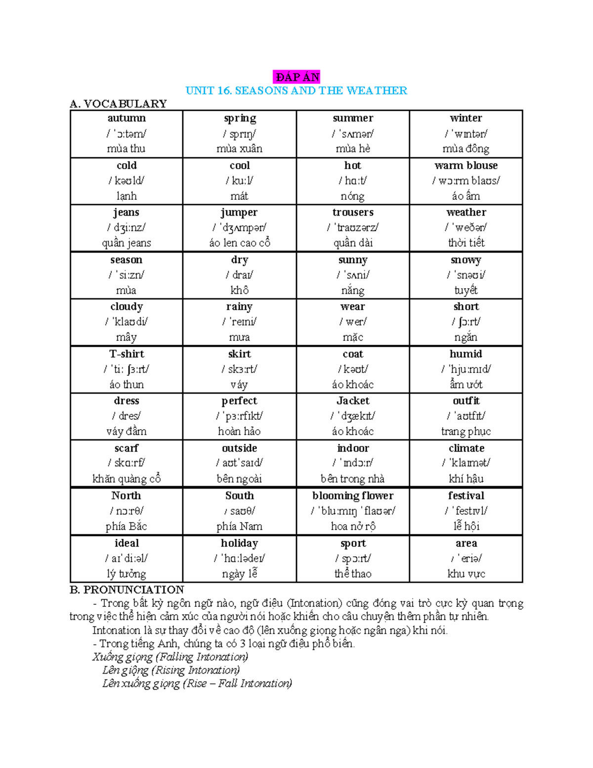 ĐÁP ÁN UNIT 16: SEASONS AND THE WEATHER - LỚP 5 - Studocu