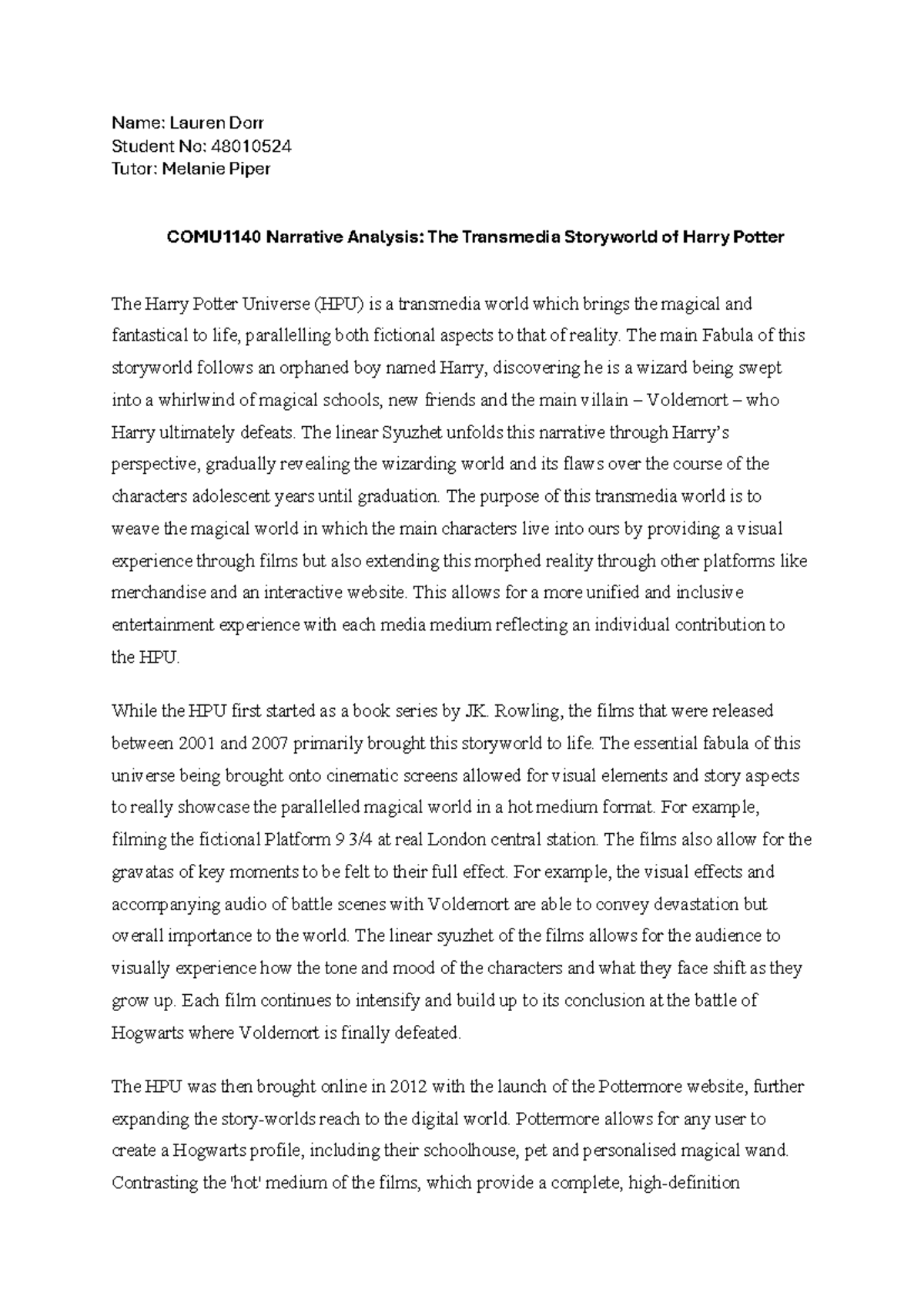 COMU1140 Final Portfolio: Narrative Analysis of Harry Potter's ...