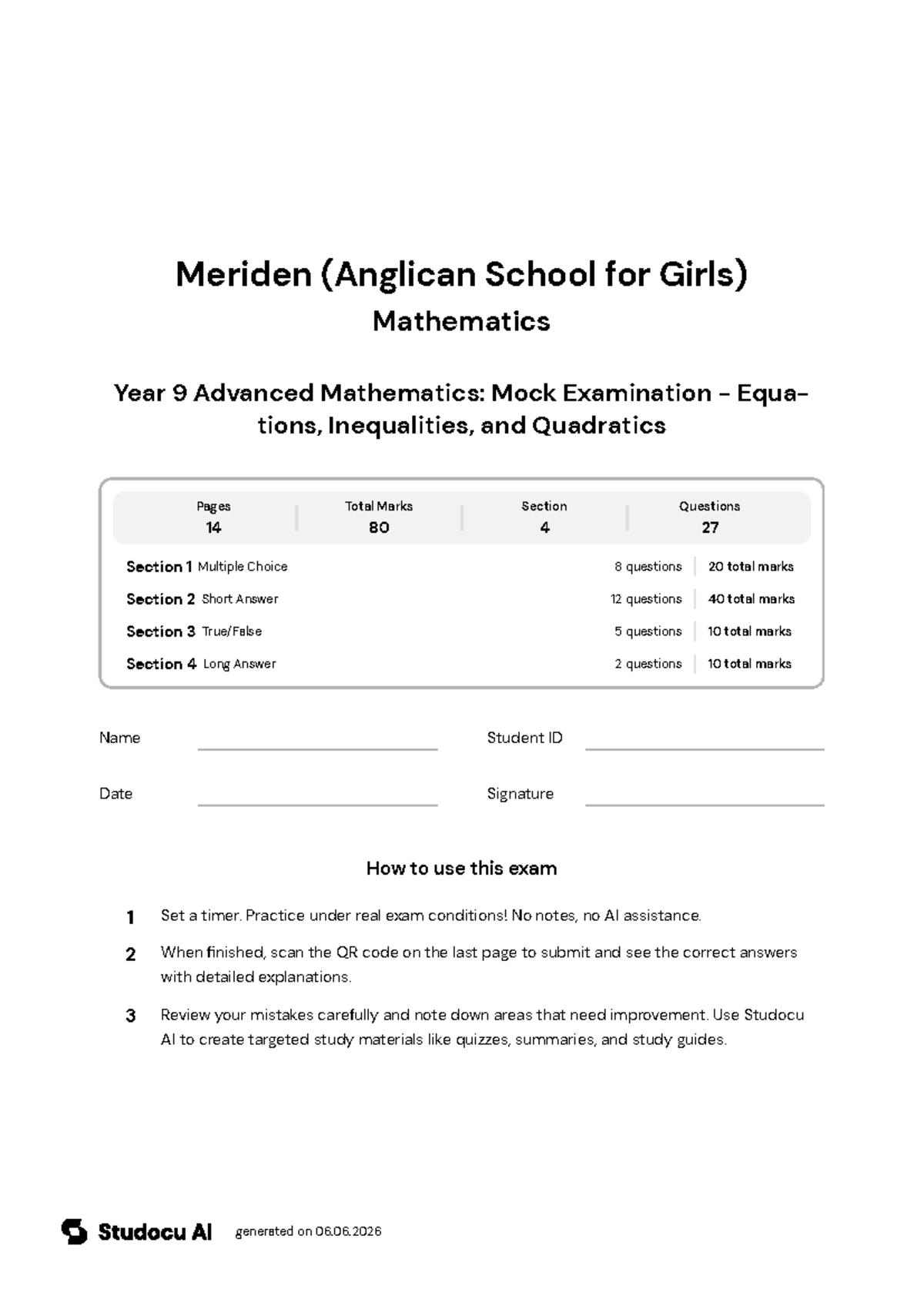 Year 9 Advanced Mathematics: Mock Exam on Equations & Quadratics - Studocu