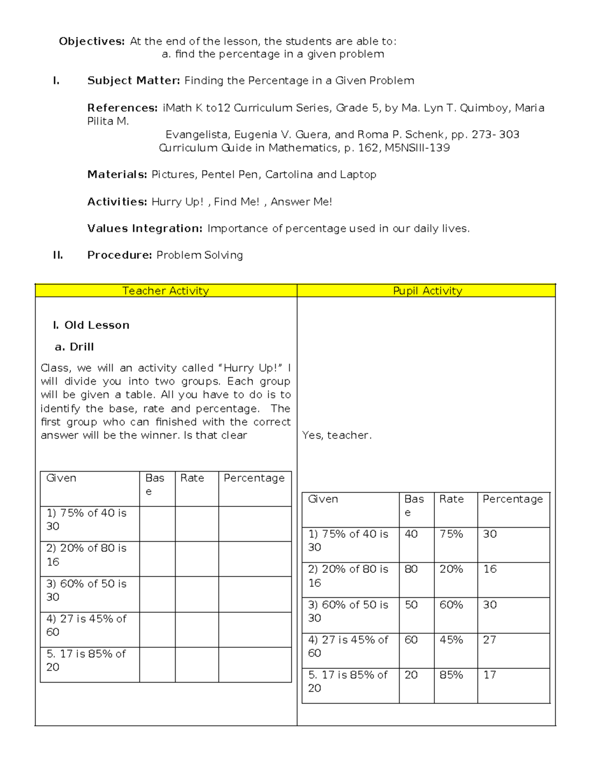 M5NSIII Lesson on Finding Percentage in Given Problems - Studocu