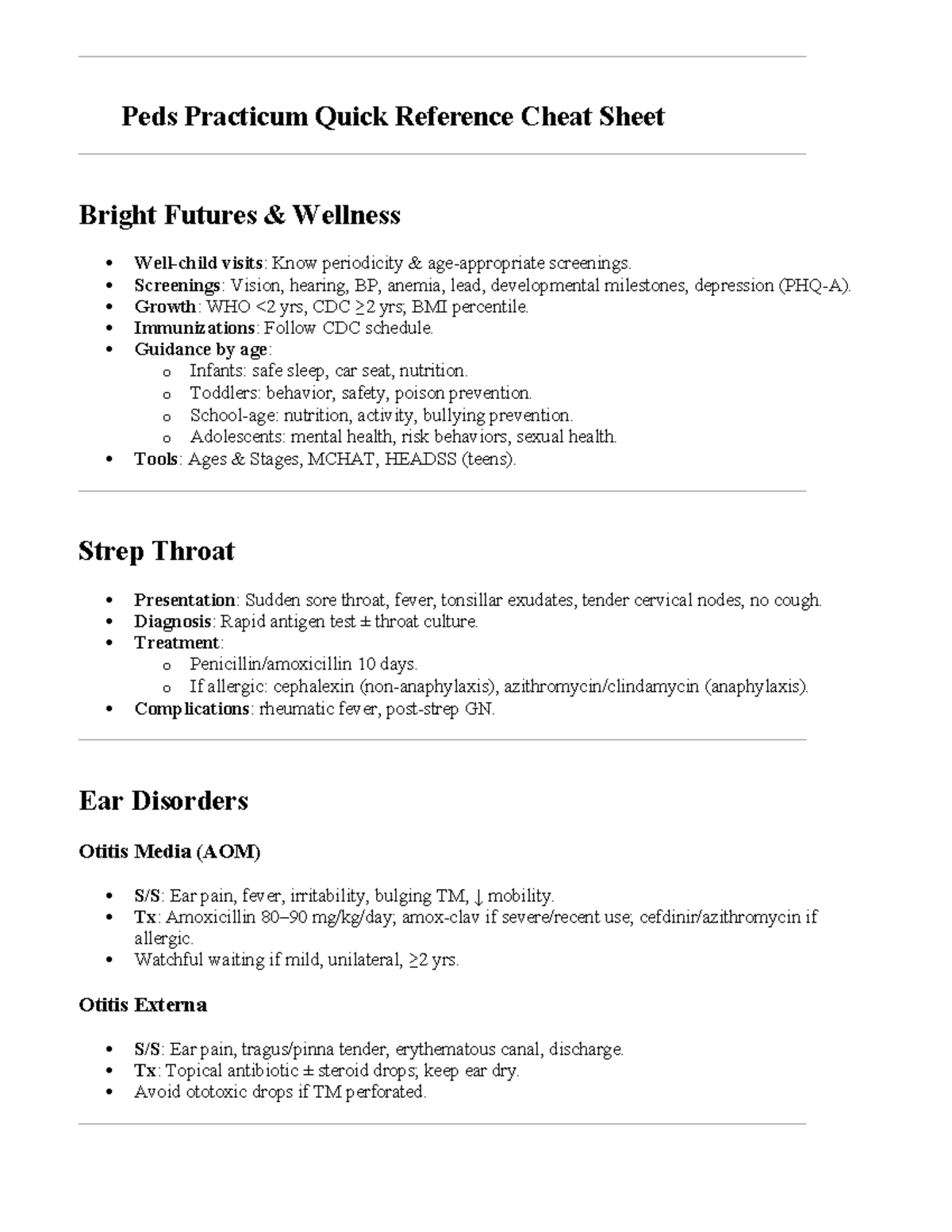 Peds Practicum Quick Reference: Bright Futures Wellness Visits - Studocu