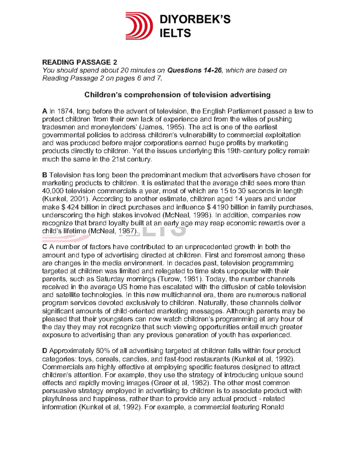 Comprehension of Television Advertising - IELTS Reading Passage 2 - Studocu