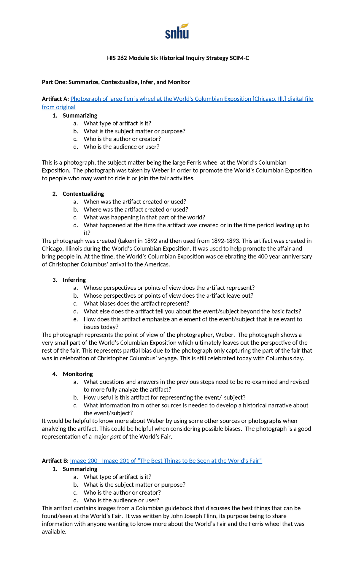 HIS 262 Module Six: Inquiry into the World's Columbian Exposition - Studocu