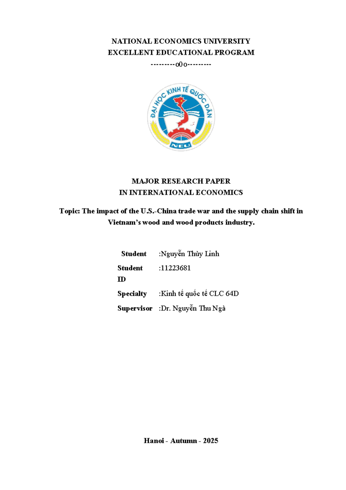 NATIONAL ECONOMICS UNIVERSITY CLC 64D MAJOR RESEARCH PAPER: Trade War ...
