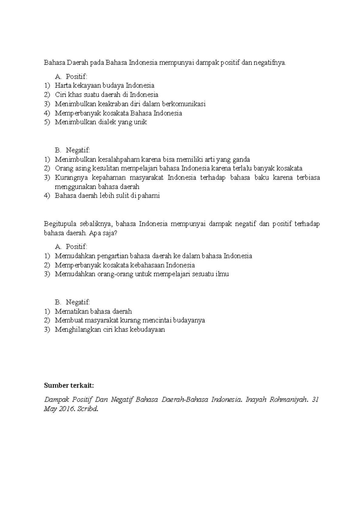 Dampak Positif dan Negatif Bahasa Daerah di Indonesia: Analisis Lengkap - Studocu