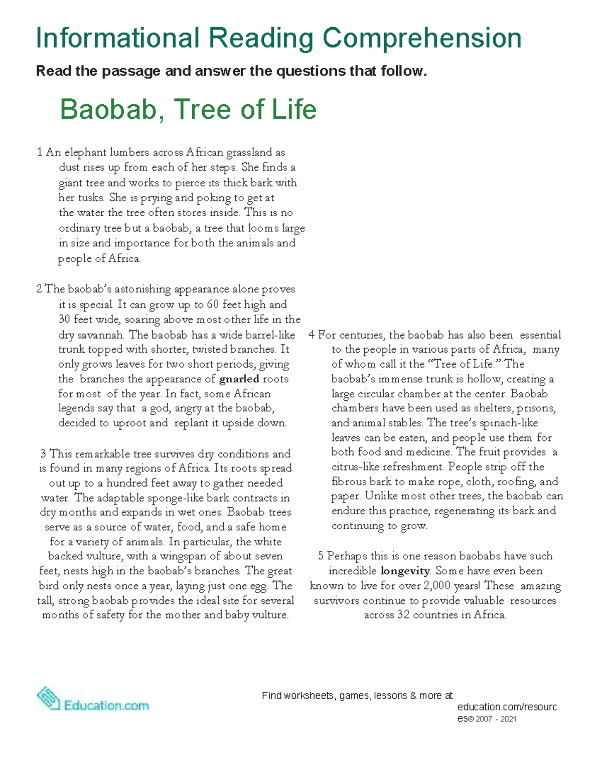 Reading Comprehension: Baobab Tree of Life Analysis - Studocu