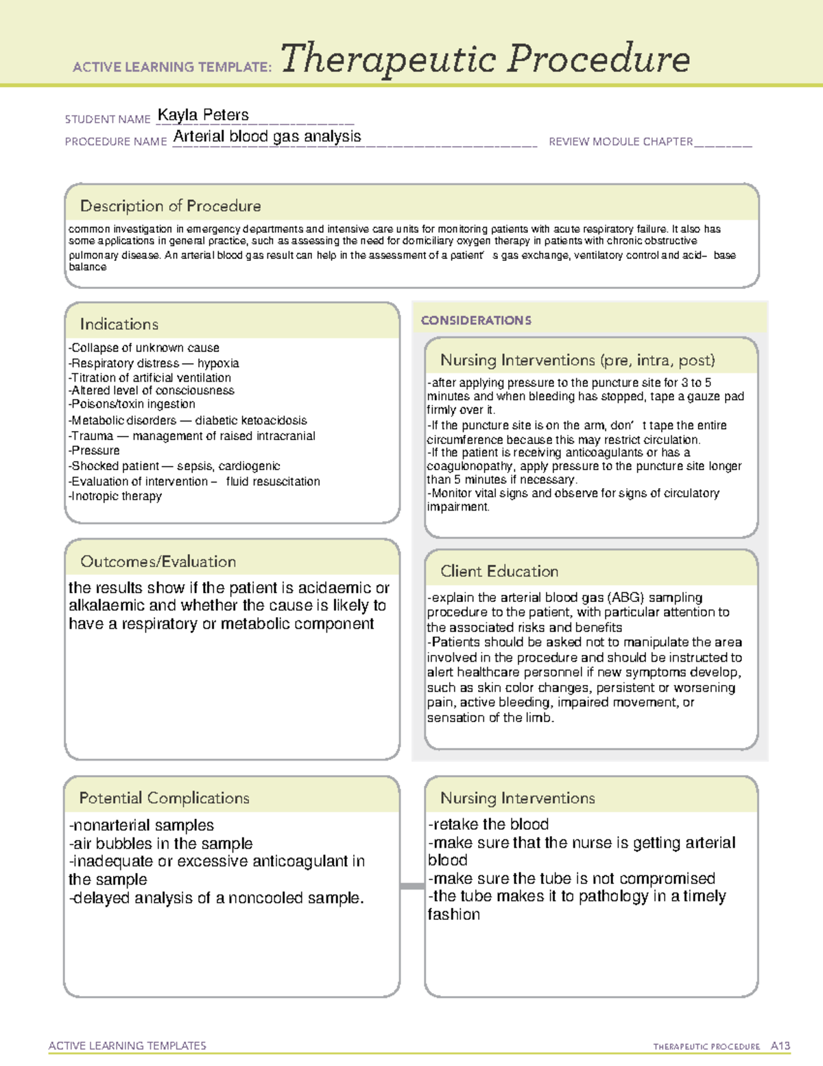 Therapeutic Procedure: Arterial Blood Gas Analysis Study Guide - Studocu