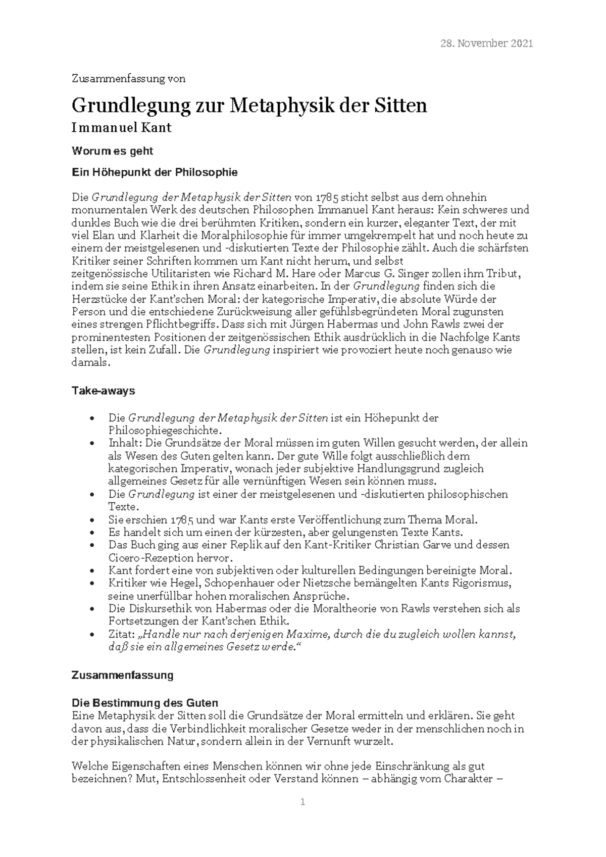 Kant: Zusammenfassung der Grundlegung zur Metaphysik der Sitten - Studocu