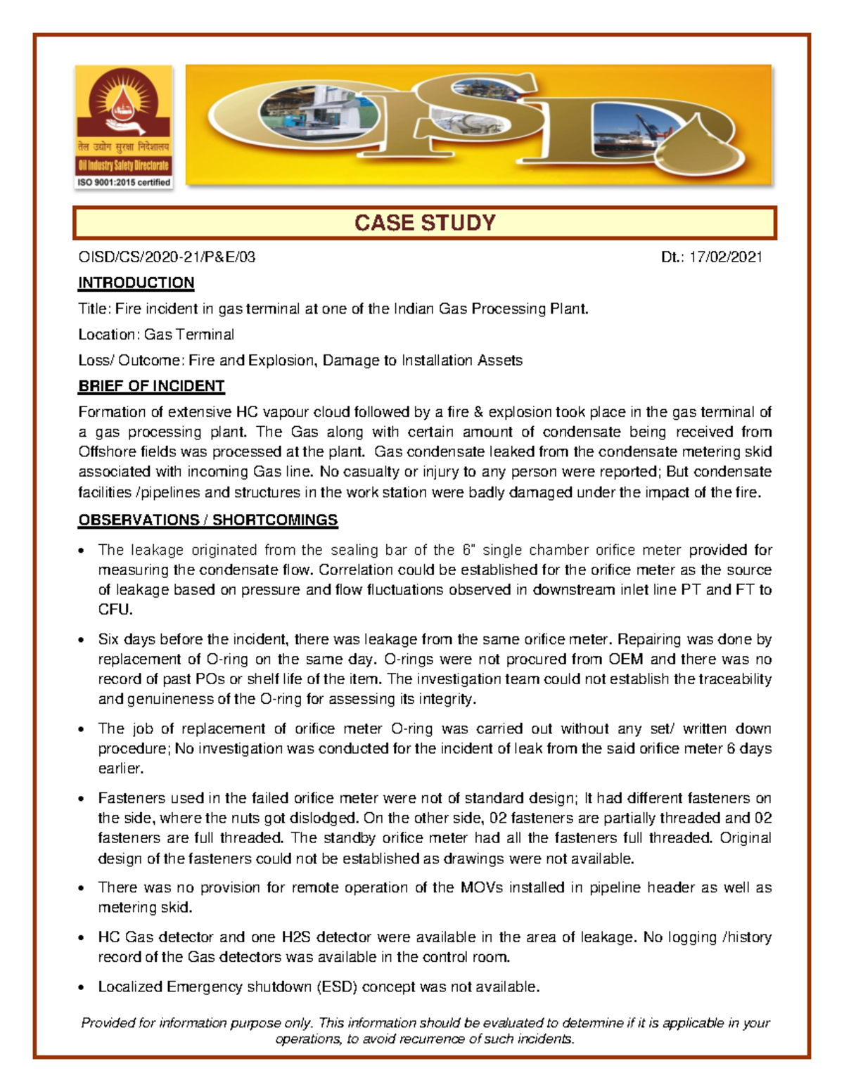 Case Study - Fire Incident at Hazira Gas Processing Plant - Studocu