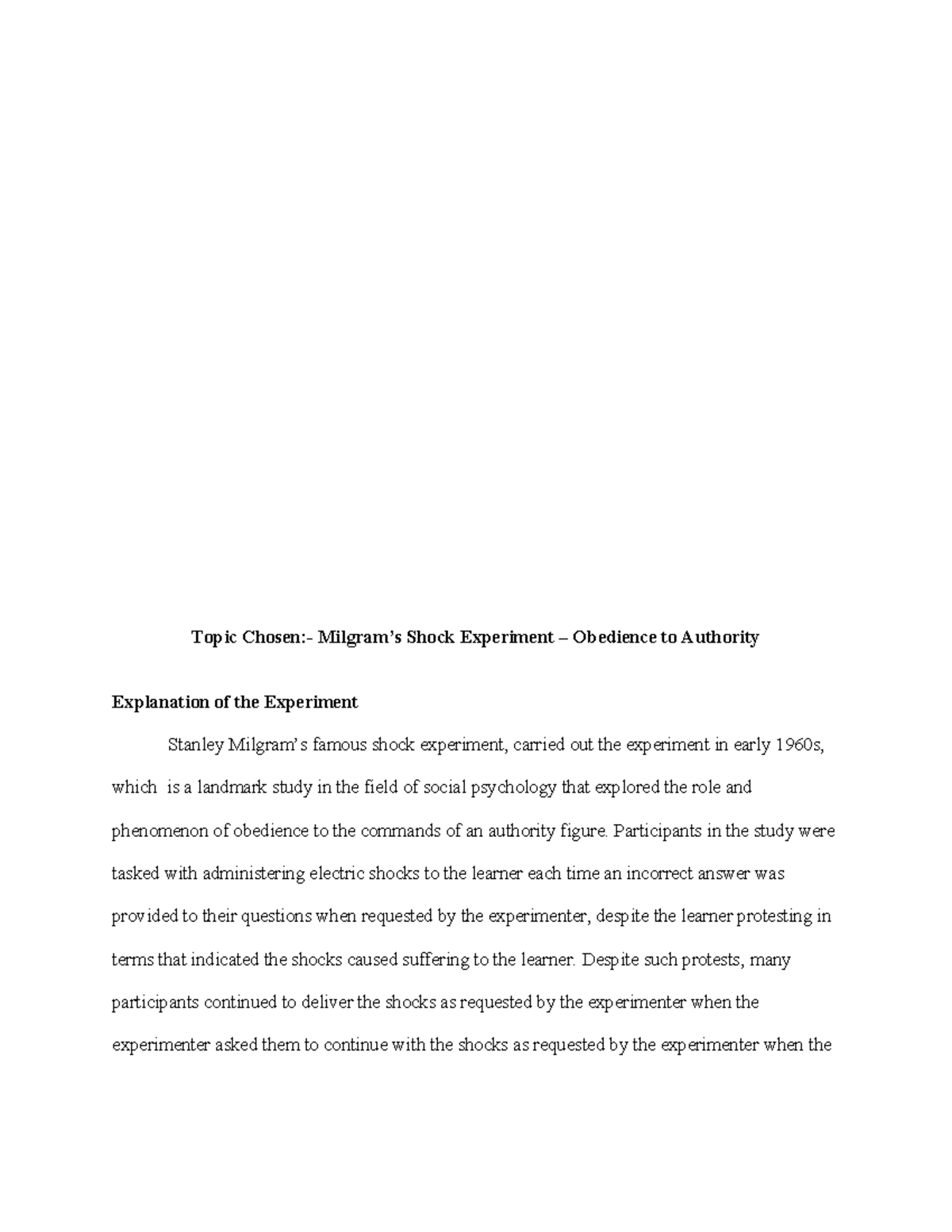 PSY 101: Analysis of Milgram's Shock Experiment on Obedience - Studocu