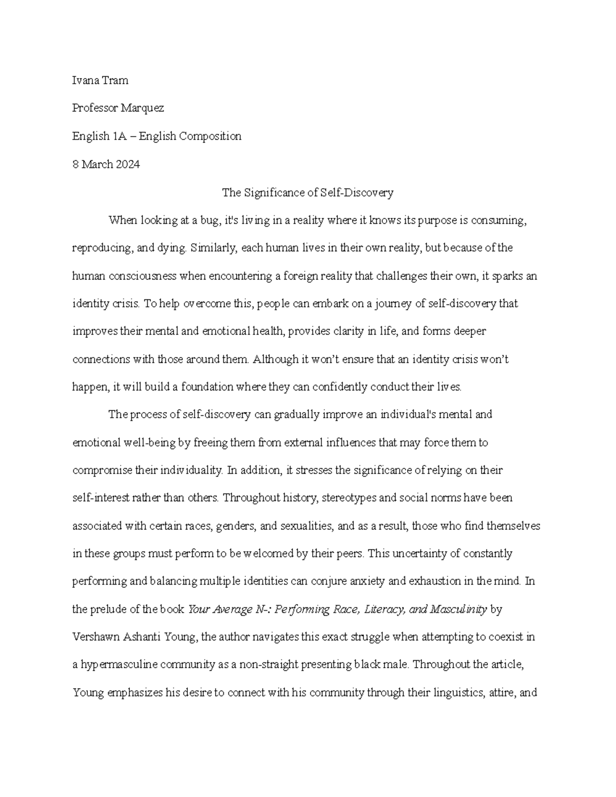 English 1A Essay Notes: The Significance of Self-Discovery - Studocu