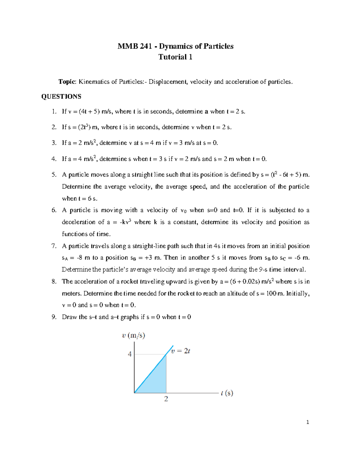 MMB 241 - Dynamics of Particles: Tutorial 1 on Kinematics - Studocu