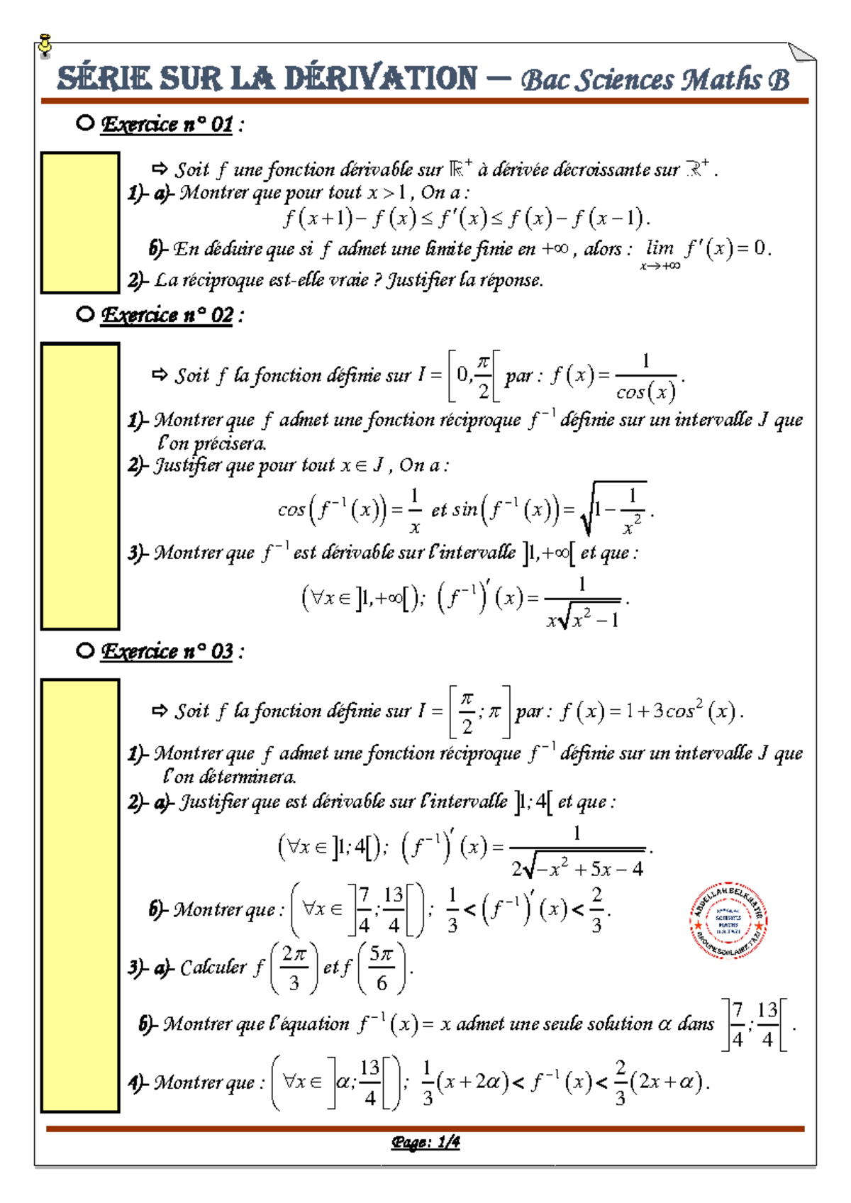 Série de Dérivation - Bac Sc Maths B - Exercice et Problèmes - Studocu