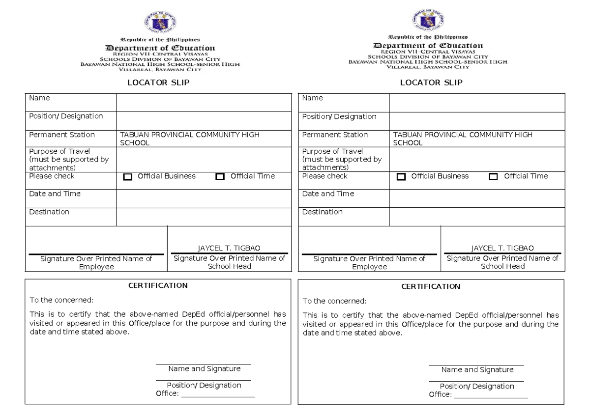 LOCATOR SLIP - OFFICIAL BUSINESS TRAVEL CERTIFICATION - Studocu