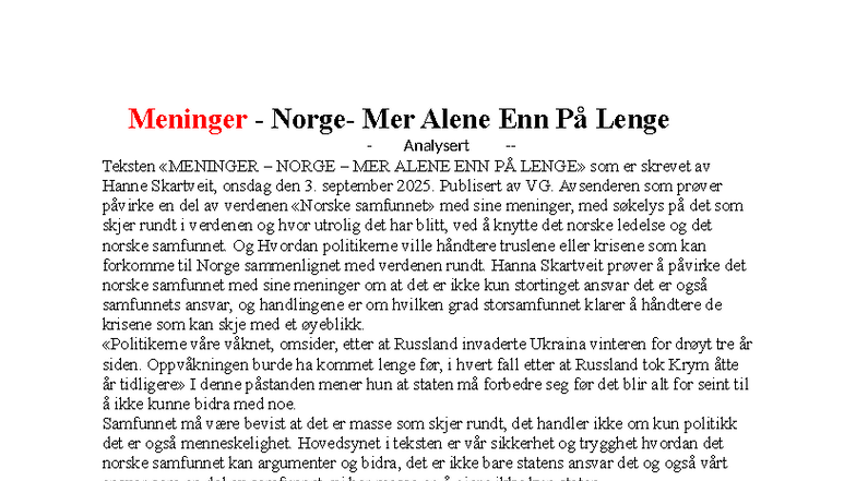 Retorisk Analyse av Hanne Skartveits Artikkel i VG3 - Studocu