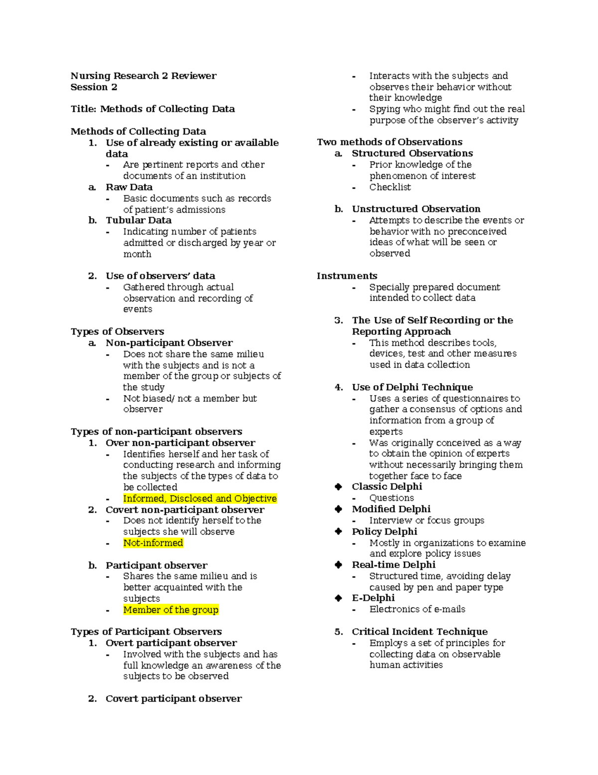 Nursing Research 2 Reviewer: Methods of Collecting Data - Studocu