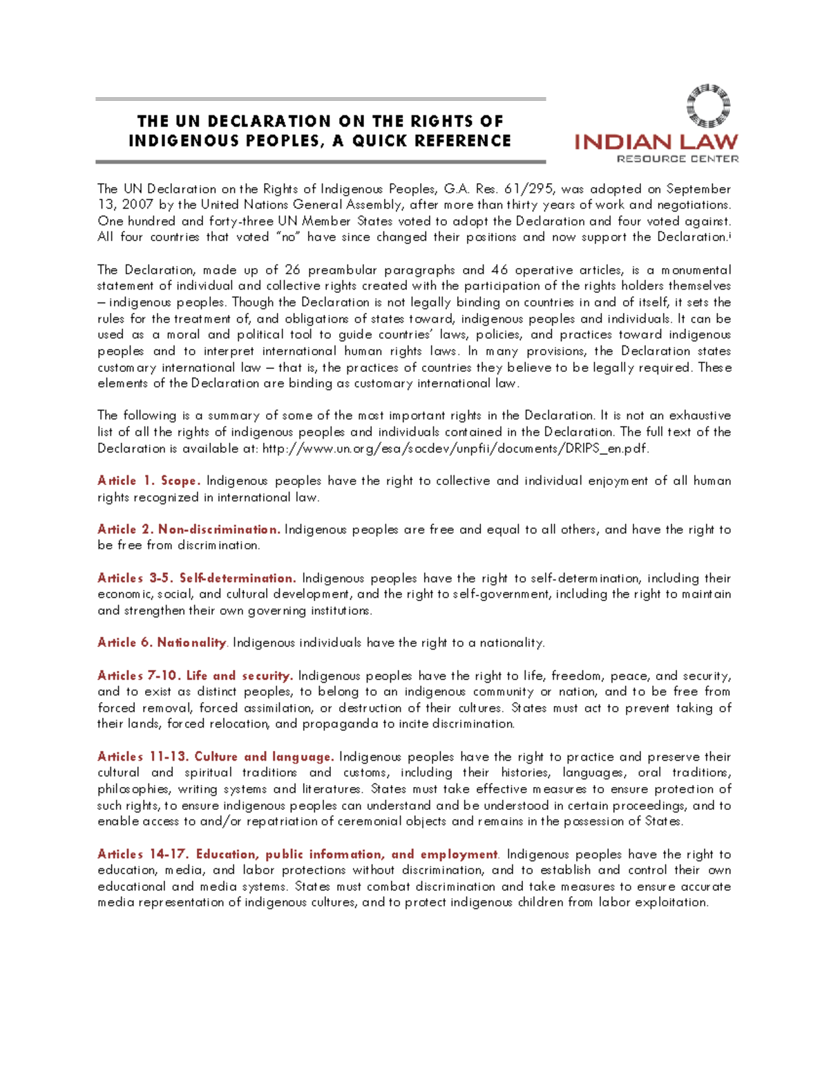 UNDRIP Summary: Key Rights of Indigenous Peoples - Studocu