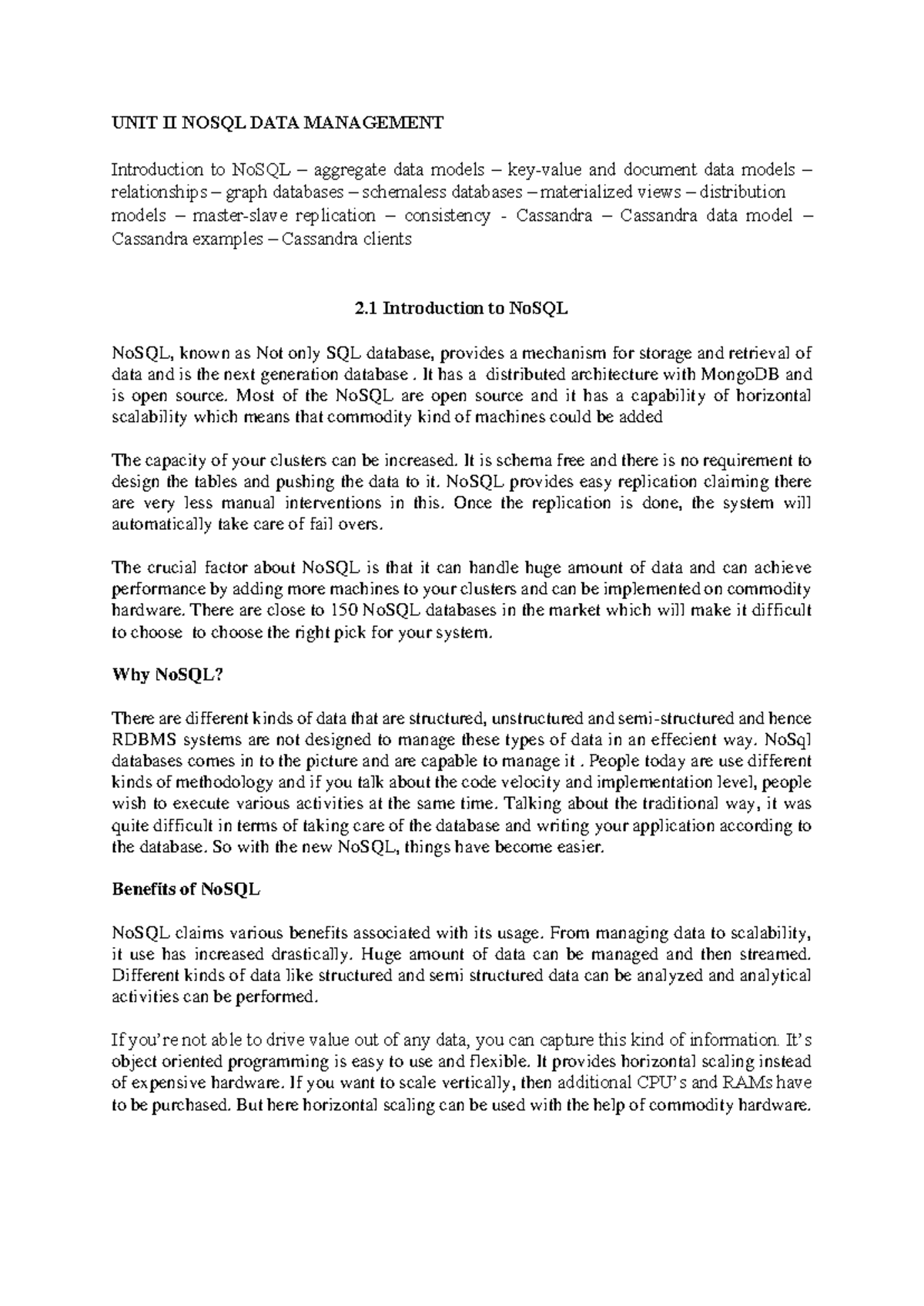 NoSQL DATA Management - Unit II Lecture Notes Insights - Studocu