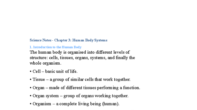 Science Notes CH3: Human Body Systems Overview and Functions - Studocu