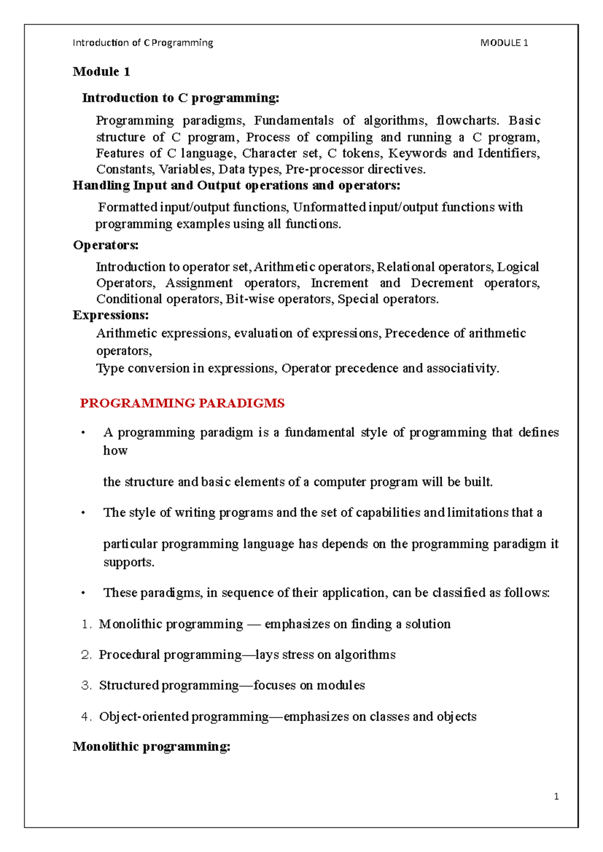 C Programming Module 1: Introduction, Paradigms, and Algorithms - Studocu