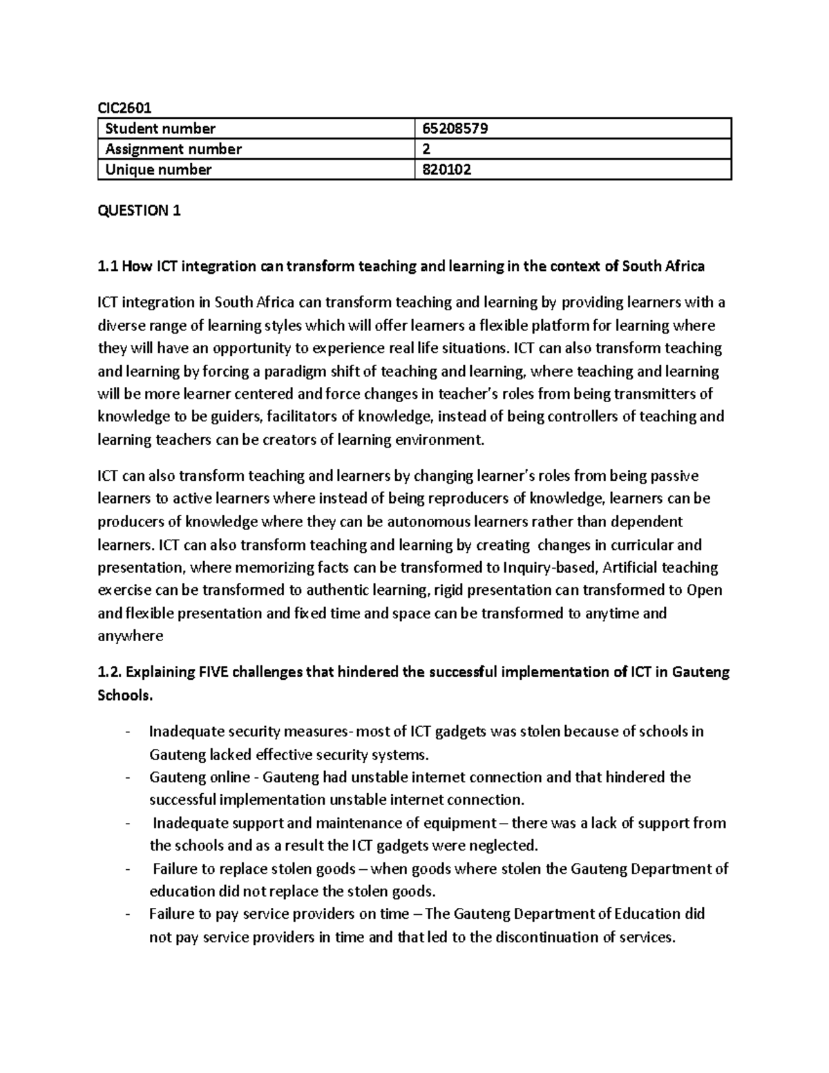 Cic assignment 2 - CIC Student number 65208579 Assignment number 2 ...