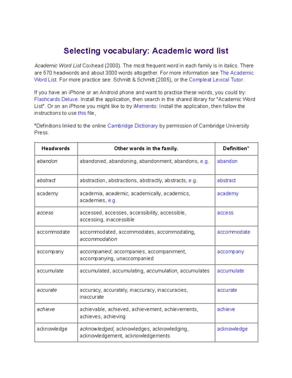 Vocabulary Words: Academic Word List Overview and Practice Guide - Studocu