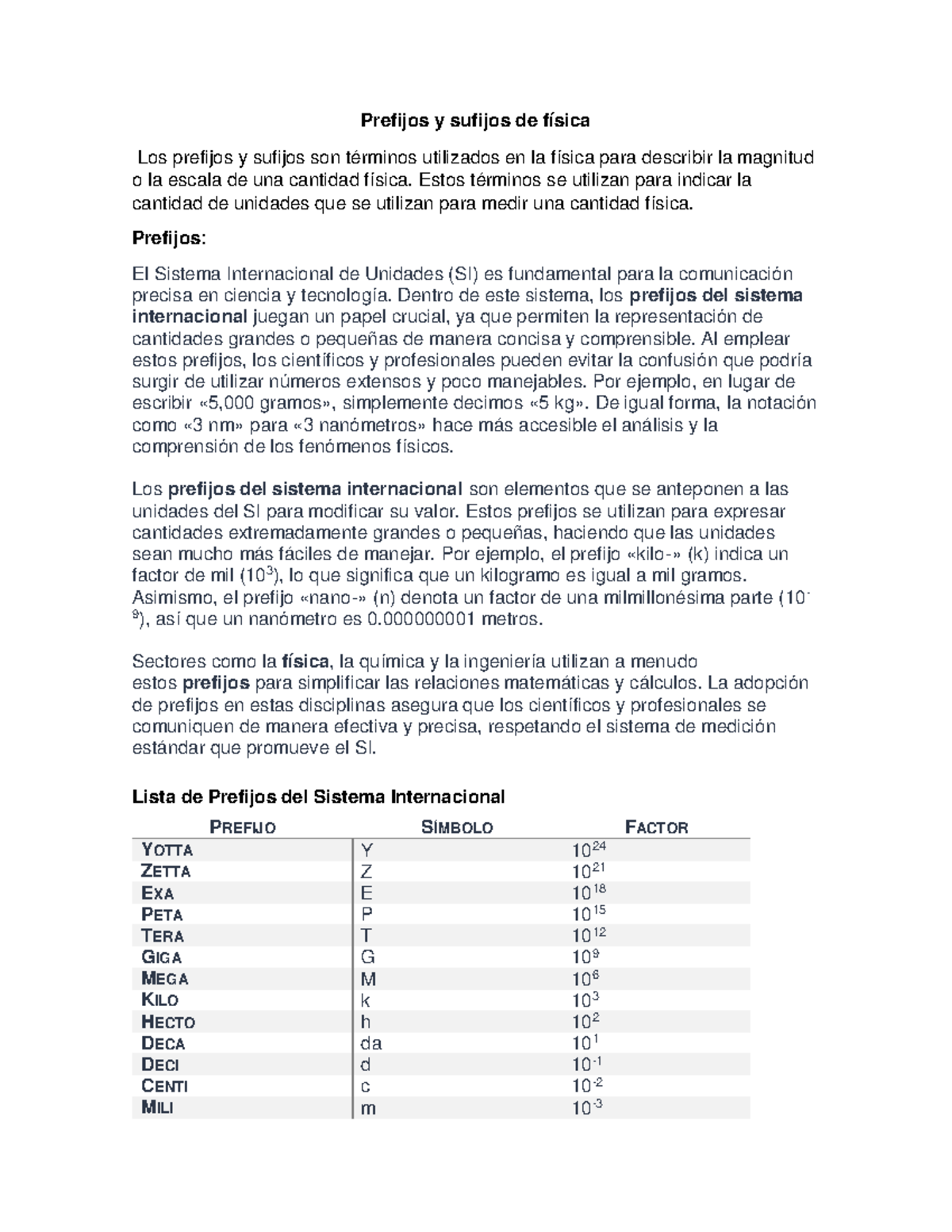 Prefijos y sufijos en física: Sistema Internacional (SI) explicado ...