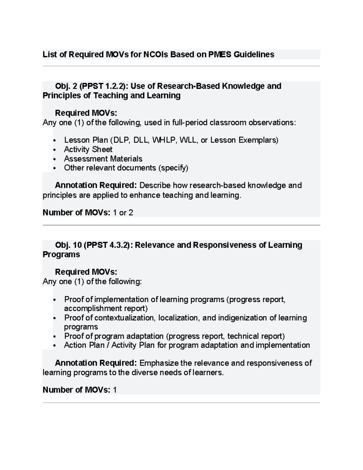 MOVs for NCOIs Based on PMES Guidelines (PPST 1.2.2 to 6.4.2) - Studocu