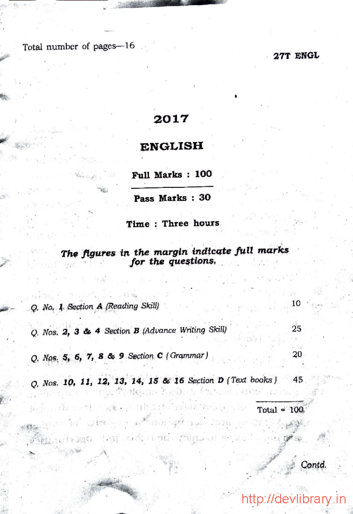 27T ENGL 2017 English Exam Paper: Full Marks, Sections & Questions ...