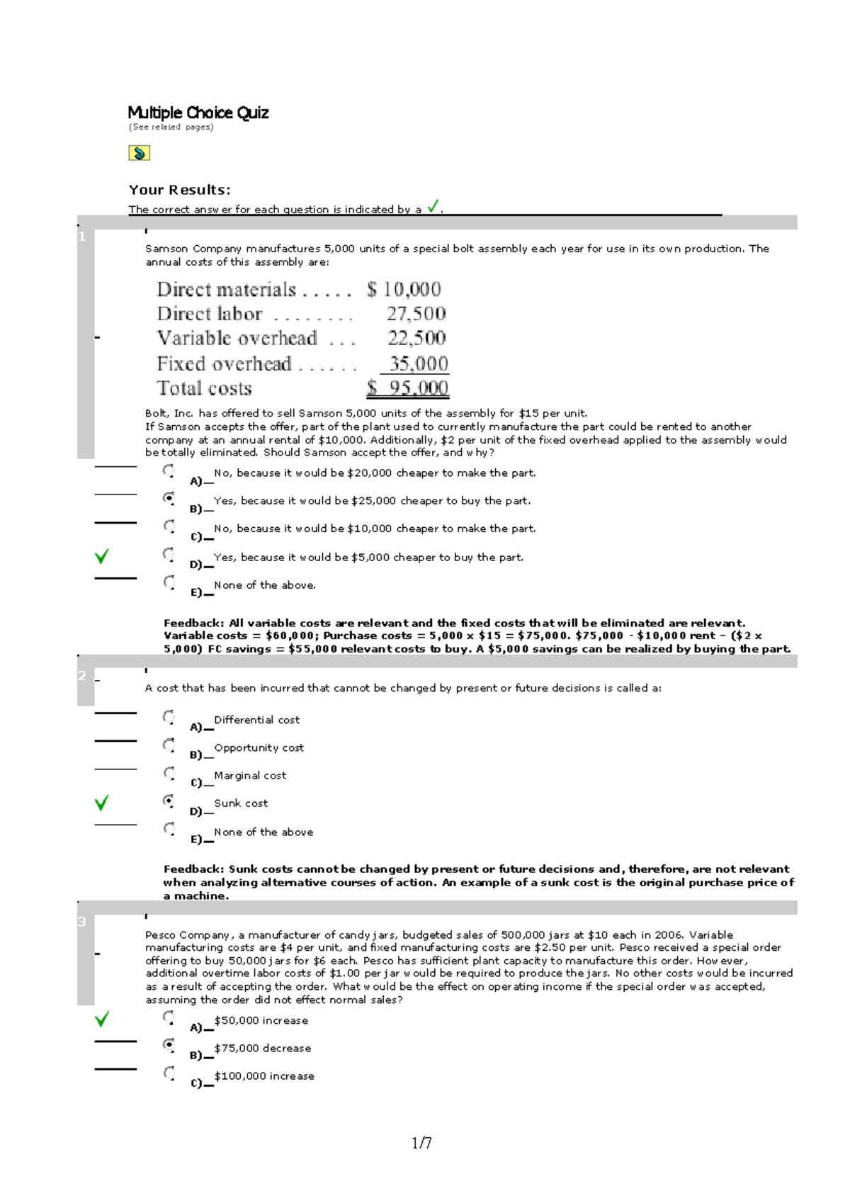 Key MC Quiz for Chapter 4 - Analyzing Cost Decisions and Outcomes - Studocu