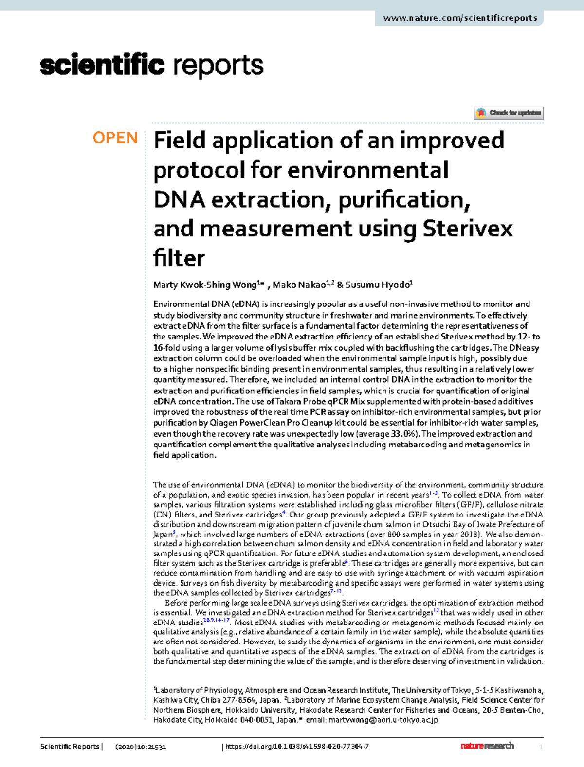 Optimized eDNA Extraction Protocols Using Sterivex Cartridges for ...