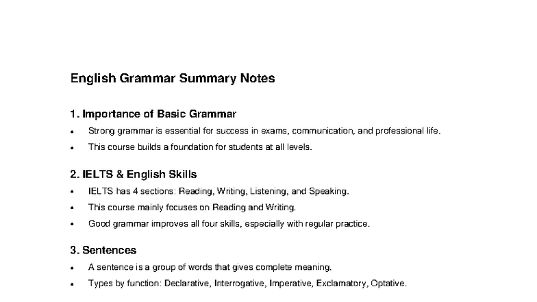 ENG 101: English Grammar Summary Notes for IELTS Preparation - Studocu