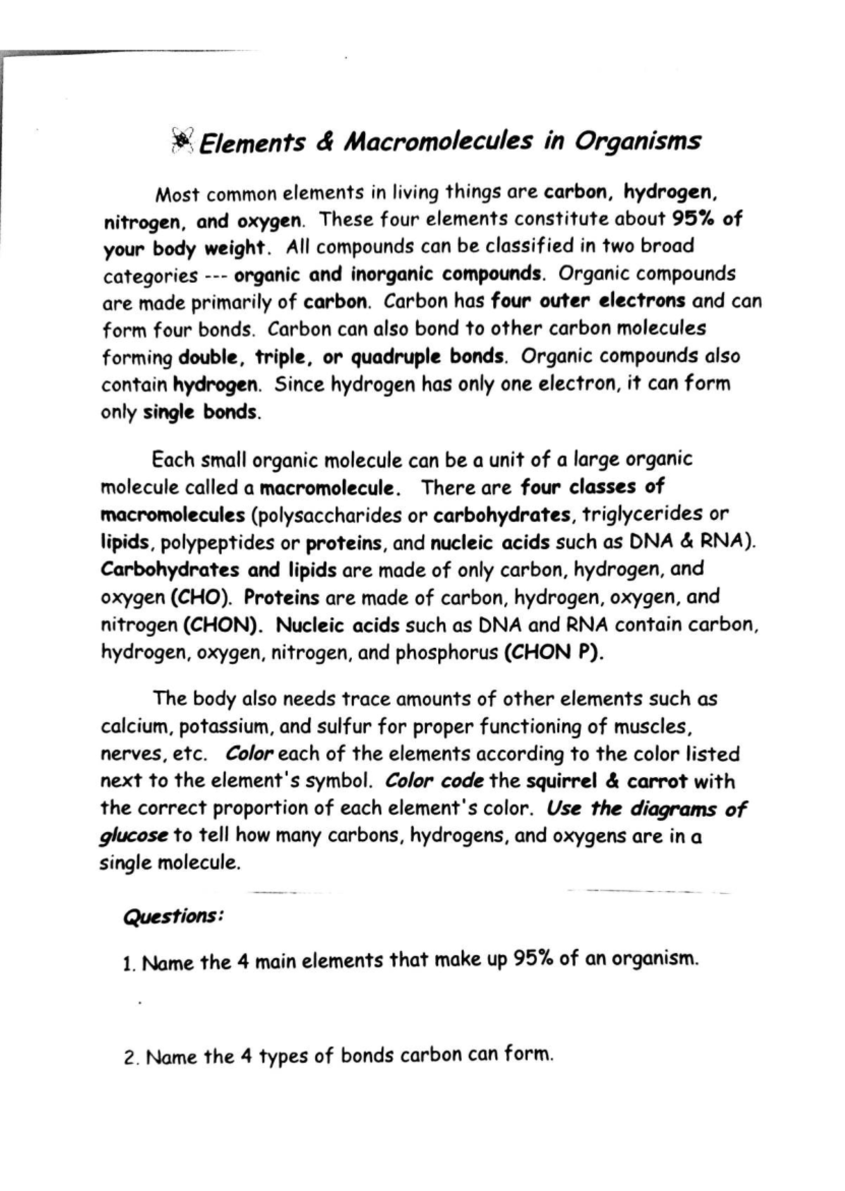 Macromolecules in Organisms: Elements and Functions (Bio 101) - Studocu