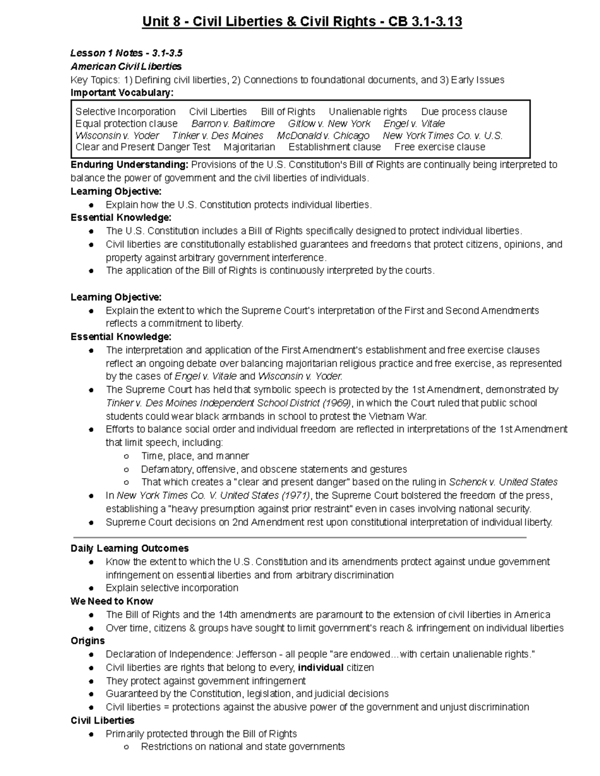 AP Gov Unit 8: Civil Liberties & Rights - Comprehensive Notes - Studocu