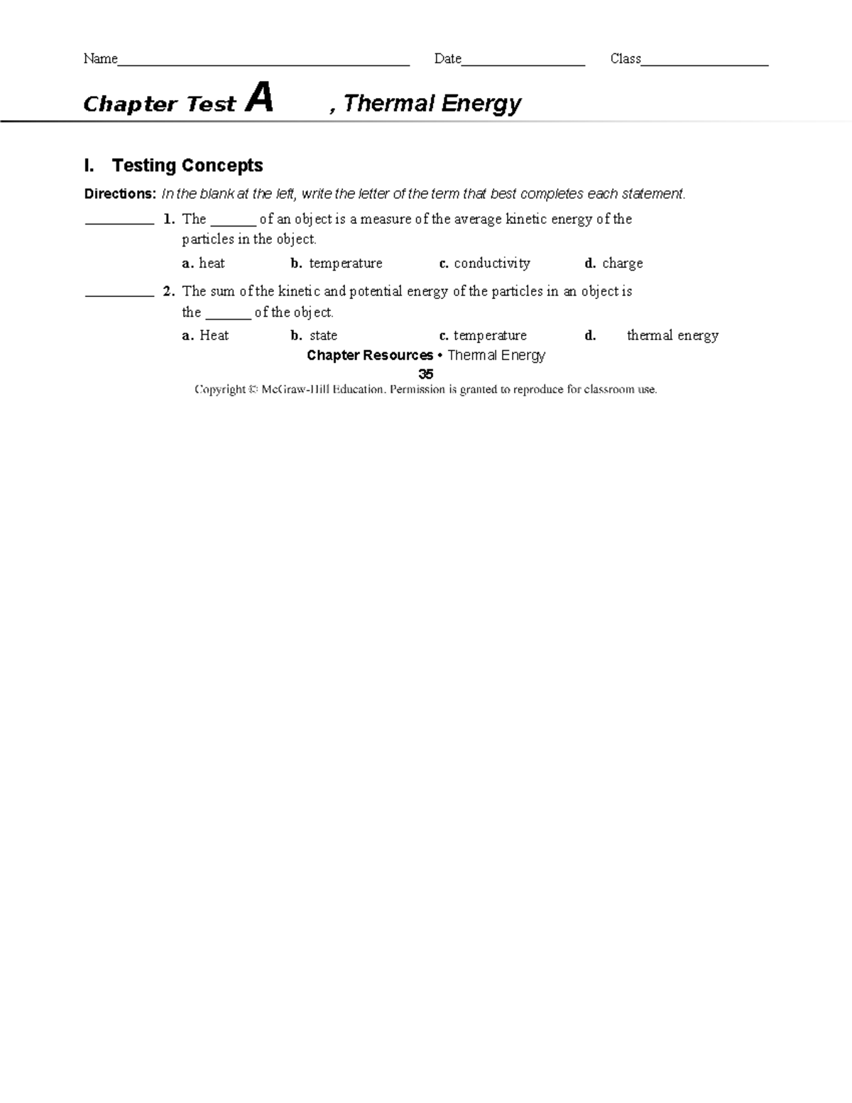 Thermal Energy Sec 1 Quiz - Chapter Test A Review Notes - Studocu