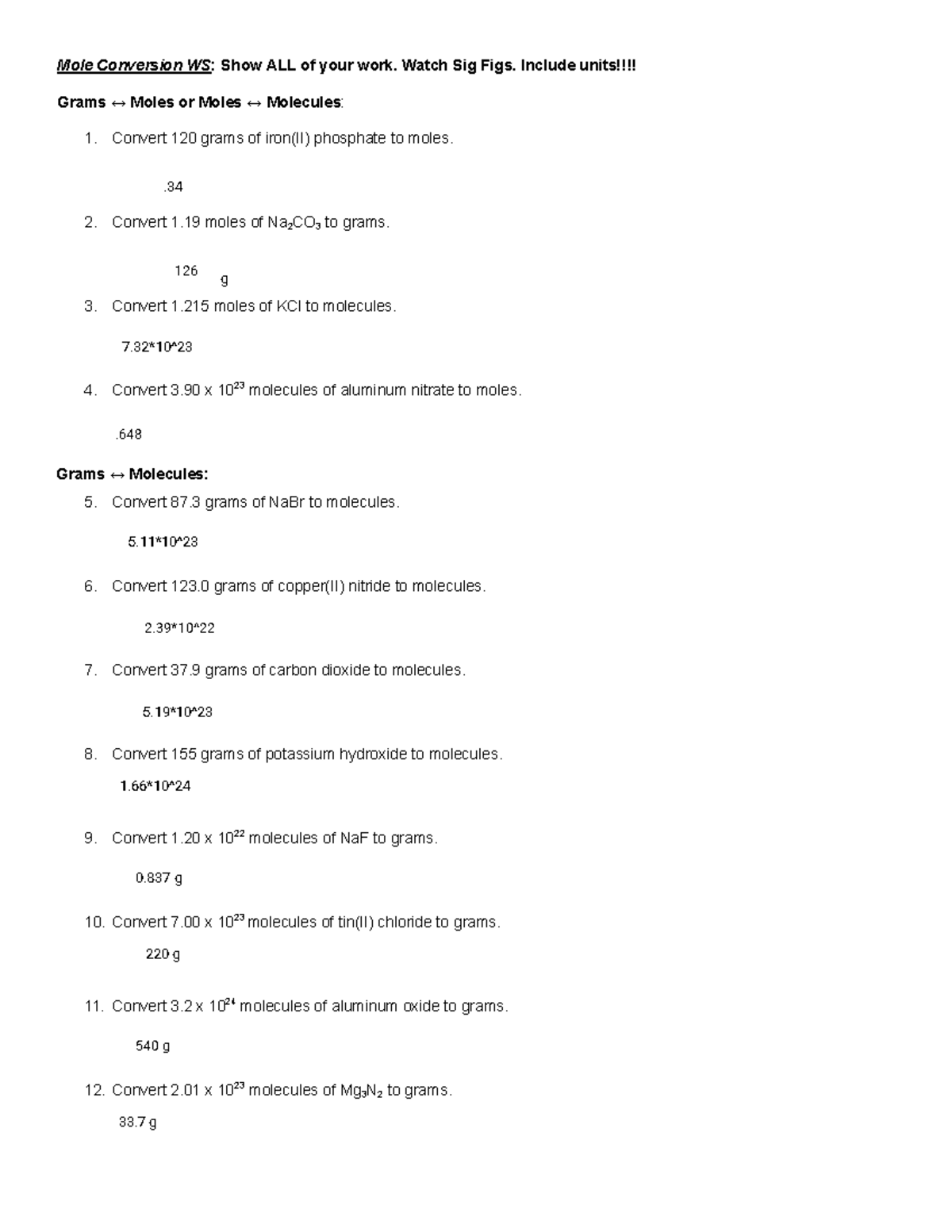 Mole Conversion WS: Grams to Moles & Molecules Calculations - Studocu