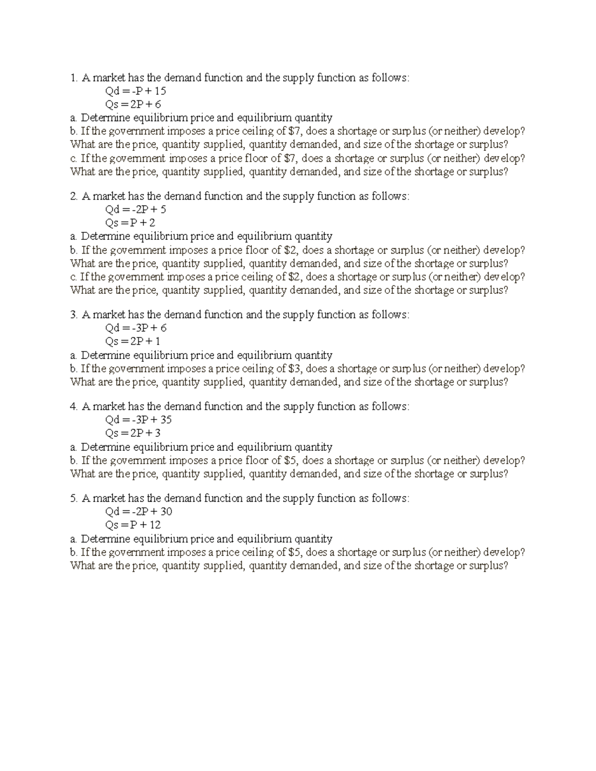 Chapter 2 Calculations: 20 Market Equilibrium Exercises - Studocu