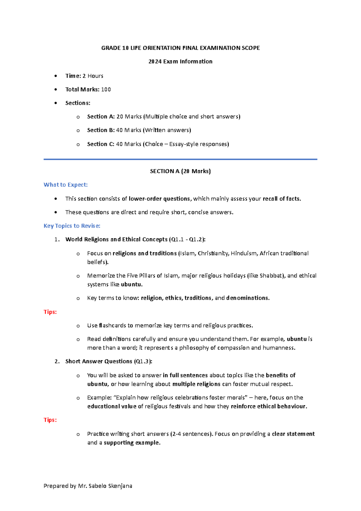 Grade 10 Life Orientation Final Exam Scope 2024 - Studocu