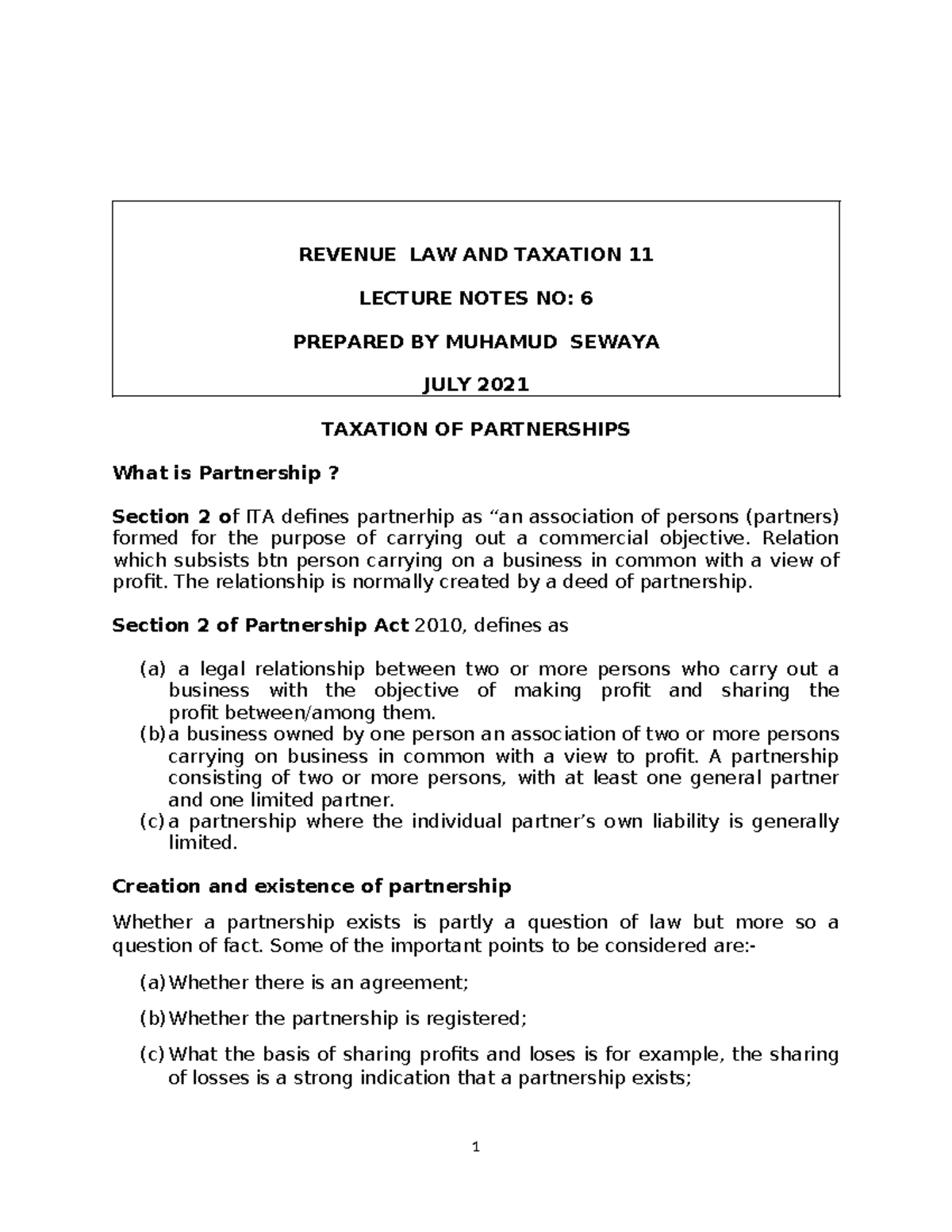 TAX 2 Lecture Notes No. 6: Understanding Partnership Taxation - Studocu