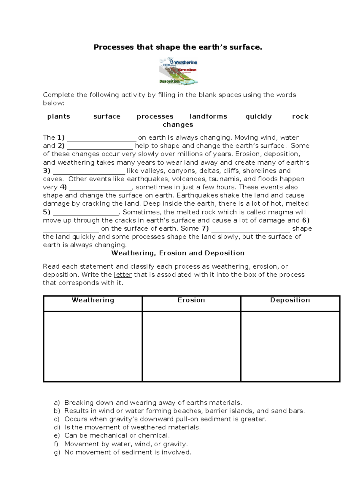 3.1 Processes that shape the earth worksheet - Processes that shape the ...