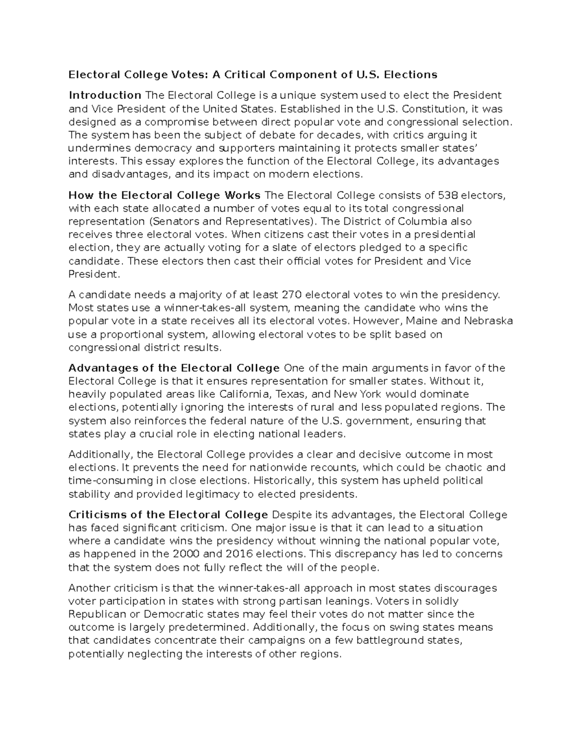 Electoral College Votes - Elections Introduction The Electoral College ...