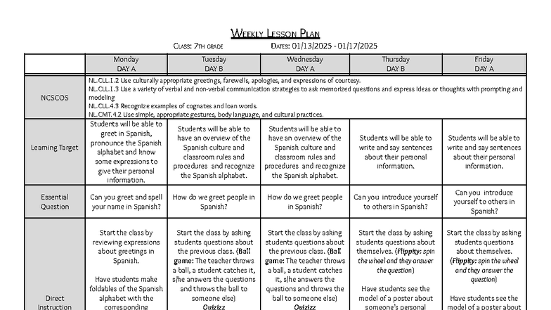 Spanish - WEEK 2 - Lesson Plan & Learning Targets for 7th Grade - Studocu