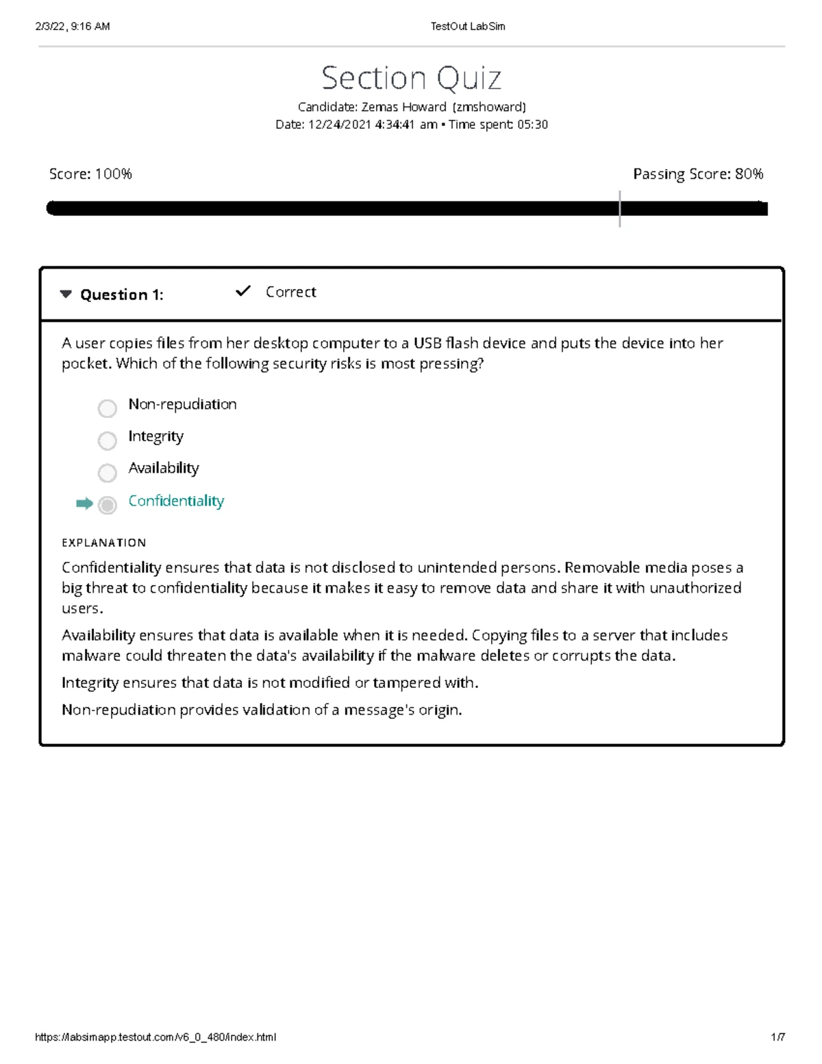 Module 1 Quiz - TestOut 2 Quiz - IT-253 Module 1 - SP7. Candidate: Mary ...