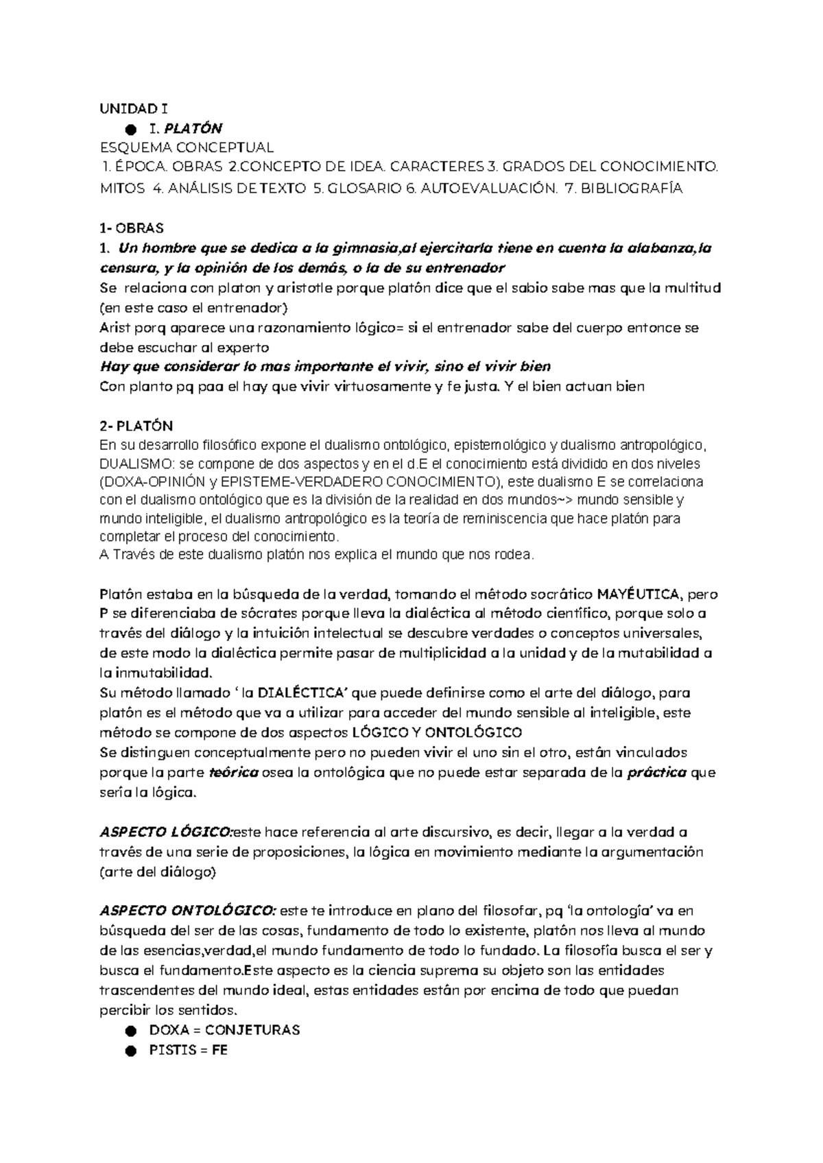 UNIDAD I: PLATÓN Y ARISTÓTELES - RESUMENES Y ANÁLISIS CONCEPTUAL - Studocu