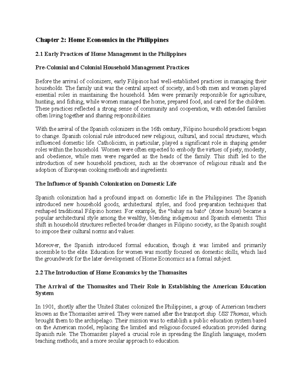 Chapter 2: Home Economics Evolution in the Philippines TLED 102 1 - Studocu