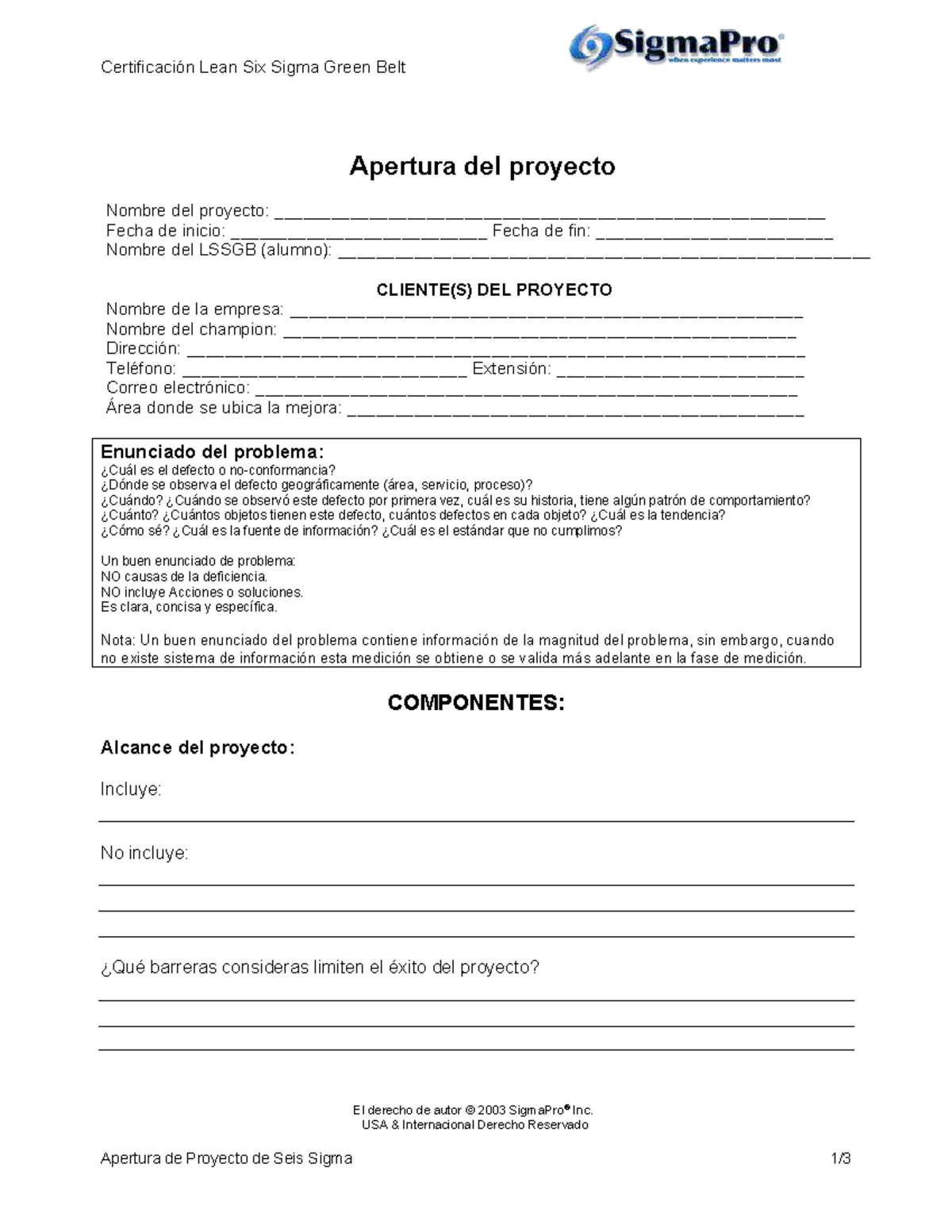 Certificación Lean Six Sigma Green Belt: Project Charter ET - Studocu