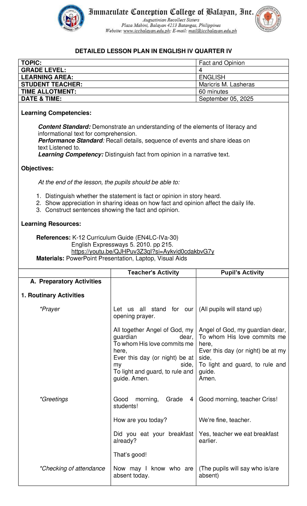 ENGLISH IV QUARTER IV LESSON PLAN: FACT AND OPINION - Studocu