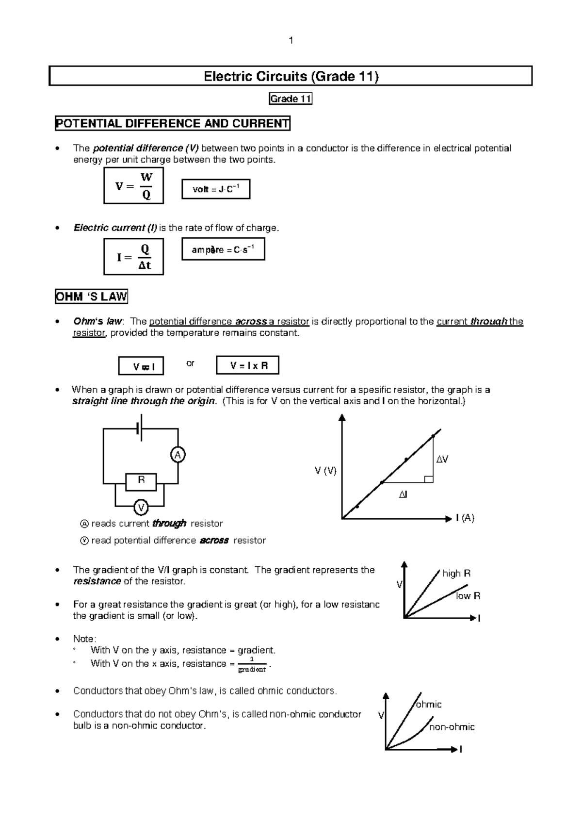 Grade 11 Electric Circuits: Potential Difference & Current Concepts ...