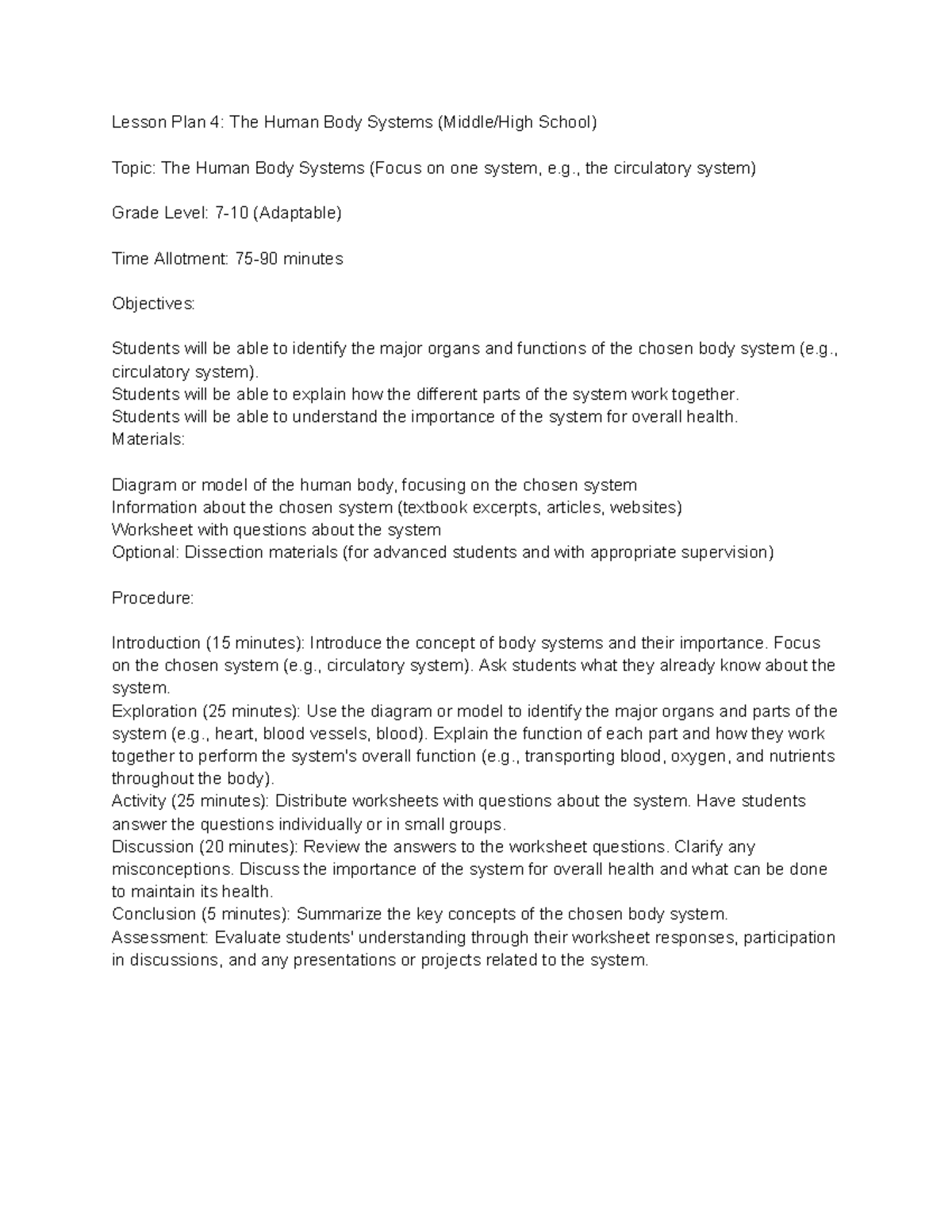 Lesson Plan 4: Exploring Human Body Systems (Grade 7-10) - Studocu